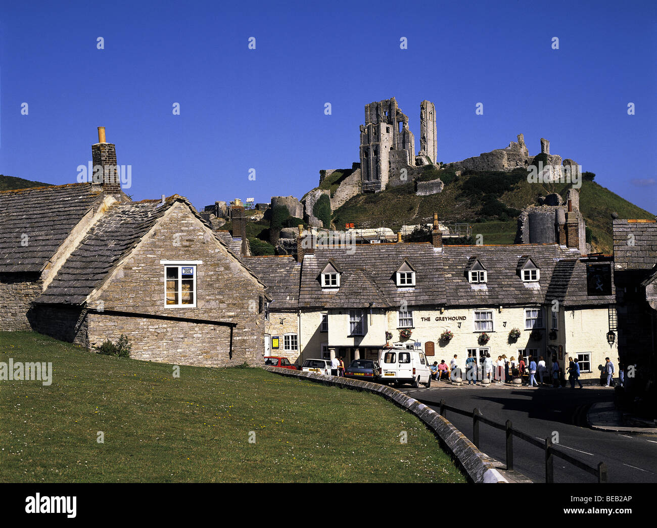 Corfe village with castle and street scene Dorset England UK Stock ...