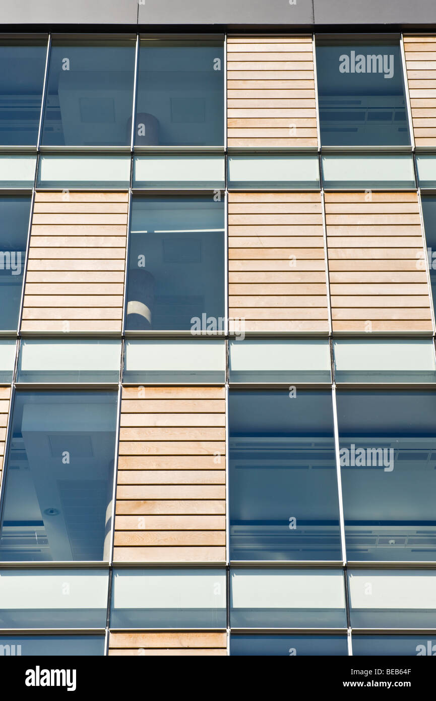 Exterior of modern office block showing windows and timber cladding at ...