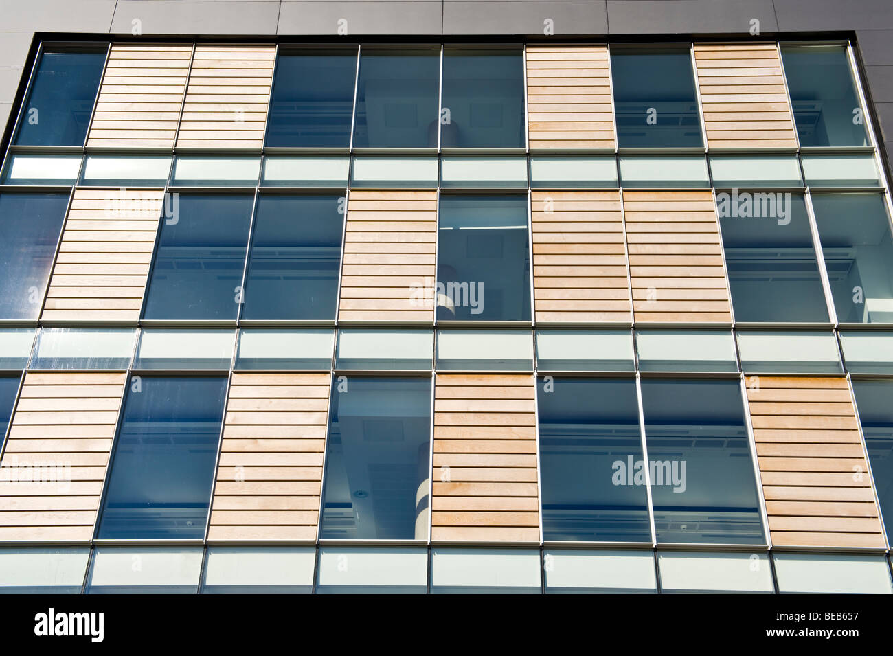 Exterior of modern office block showing windows and timber cladding at ...