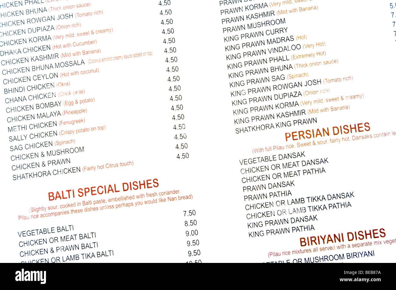 Indian Take Away Menu Stock Photo - Alamy