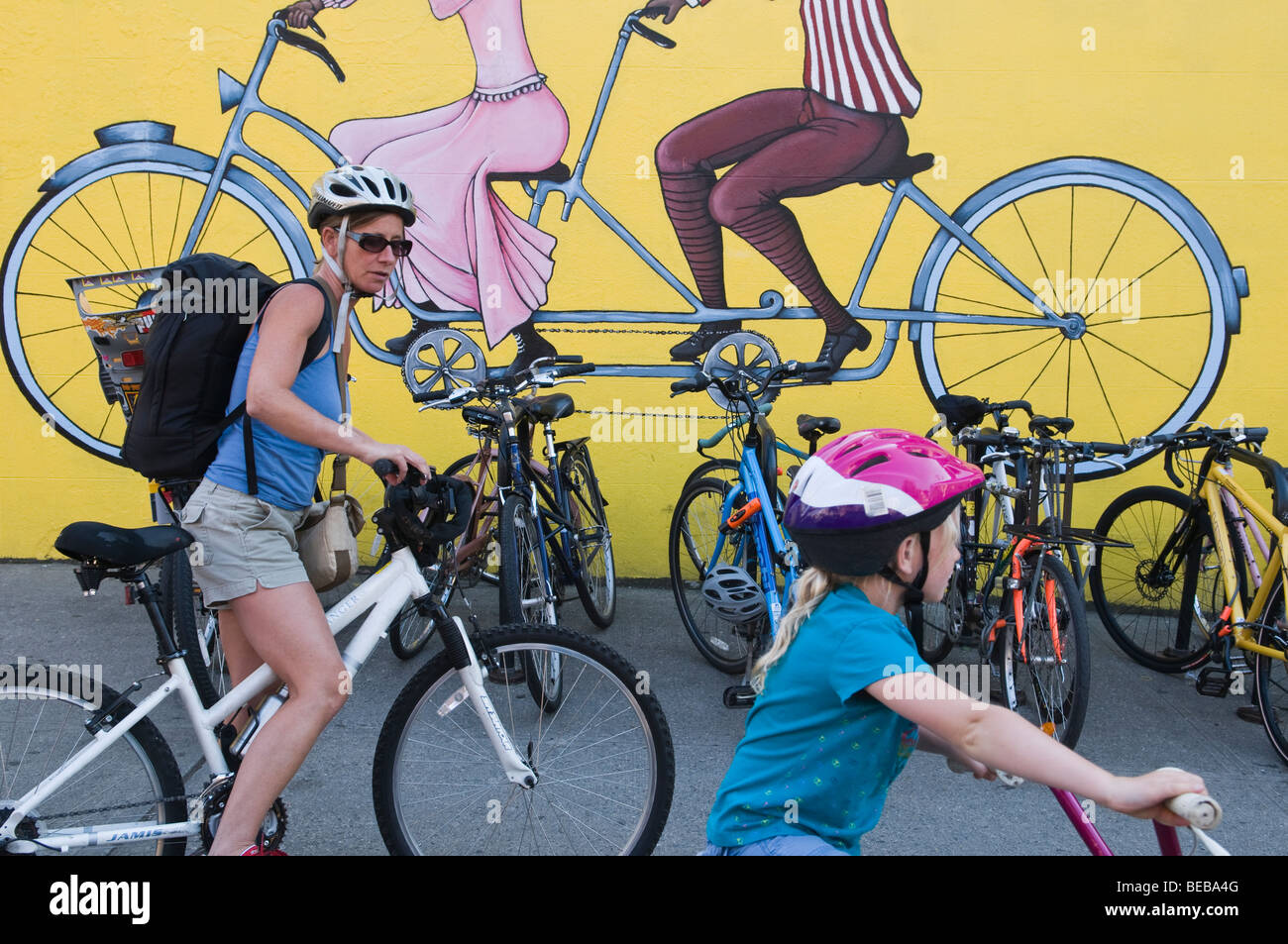 Bicycles lined up on bicycle racks, Brooklyn, New York, USA Stock Photo ...