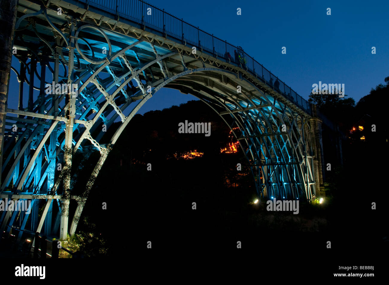 The World's first cast iron bridge at Ironbridge Shropshire illuminated ...