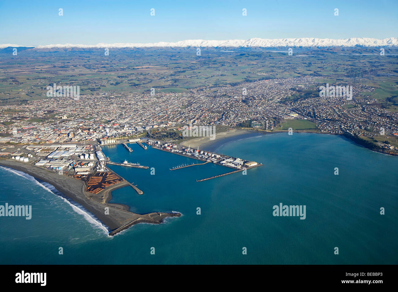 Port of Timaru, Caroline Bay, Timaru, and Snow on Southern Alps, South ...