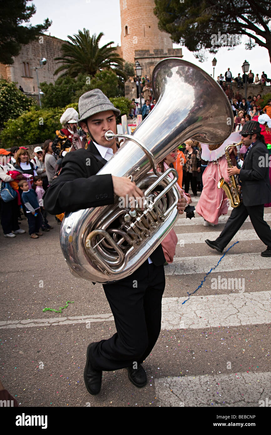 Tuba player in festival parade Fiesta of the Angel Bellver Castle Palma ...