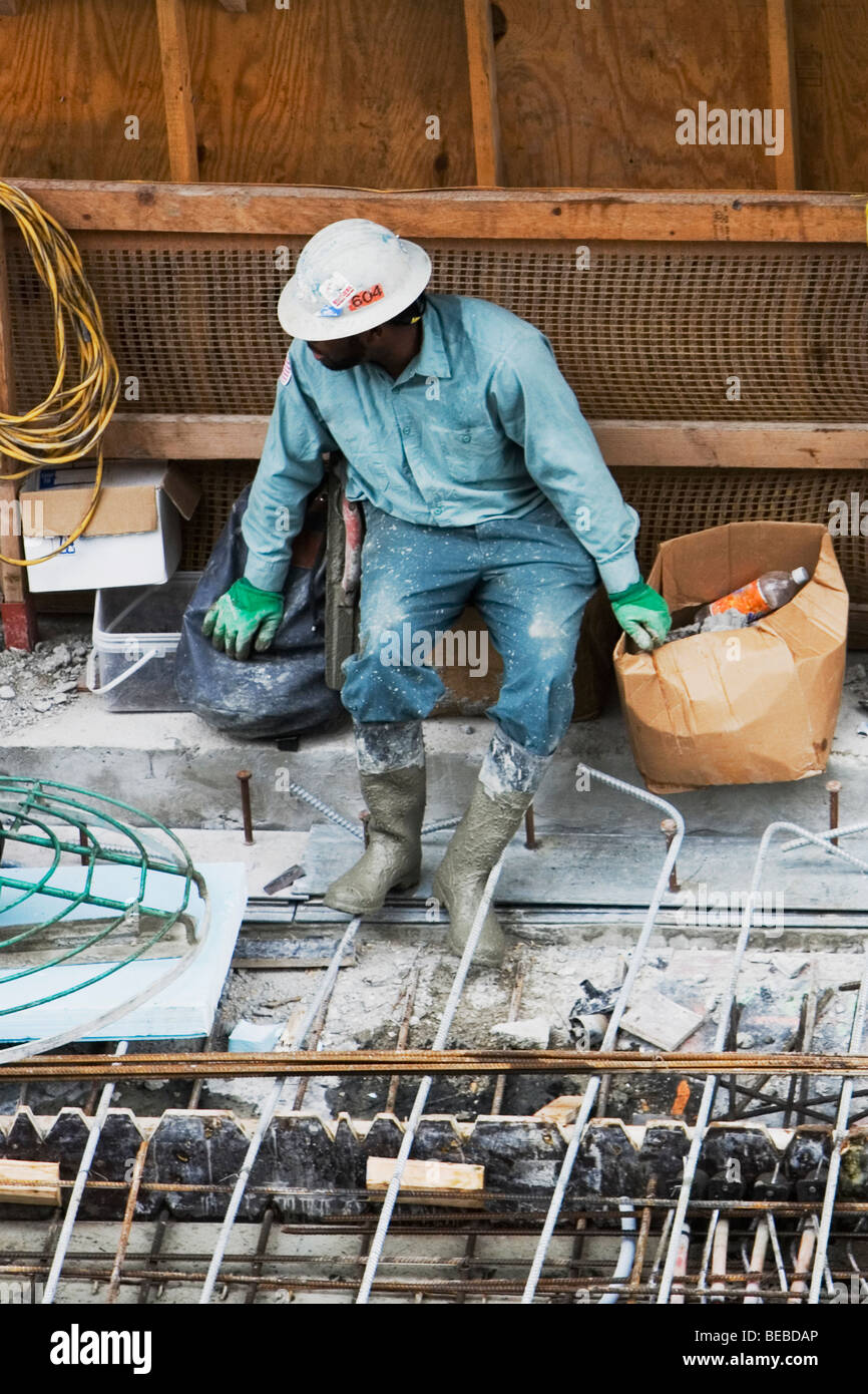 High angle view of a construction worker working at a construction site ...