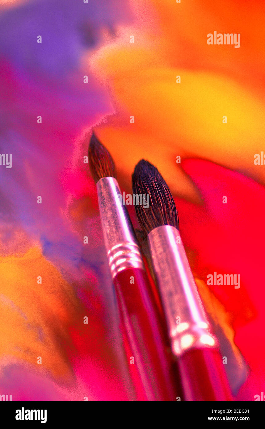 Close-up of two paintbrushes on a painting Stock Photo - Alamy