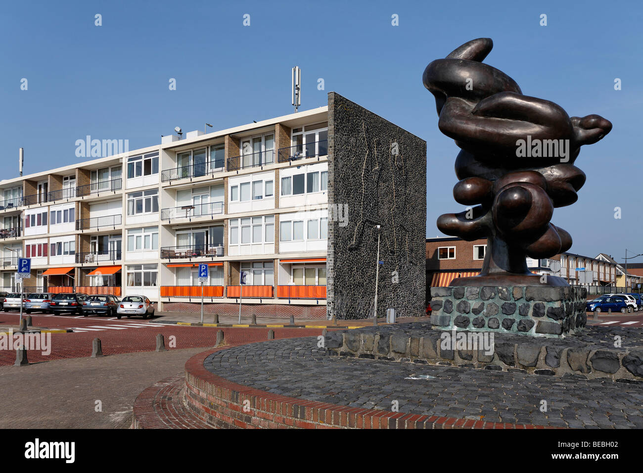 Apartment building and sculpture, a typical seaside resort on the Dutch ...