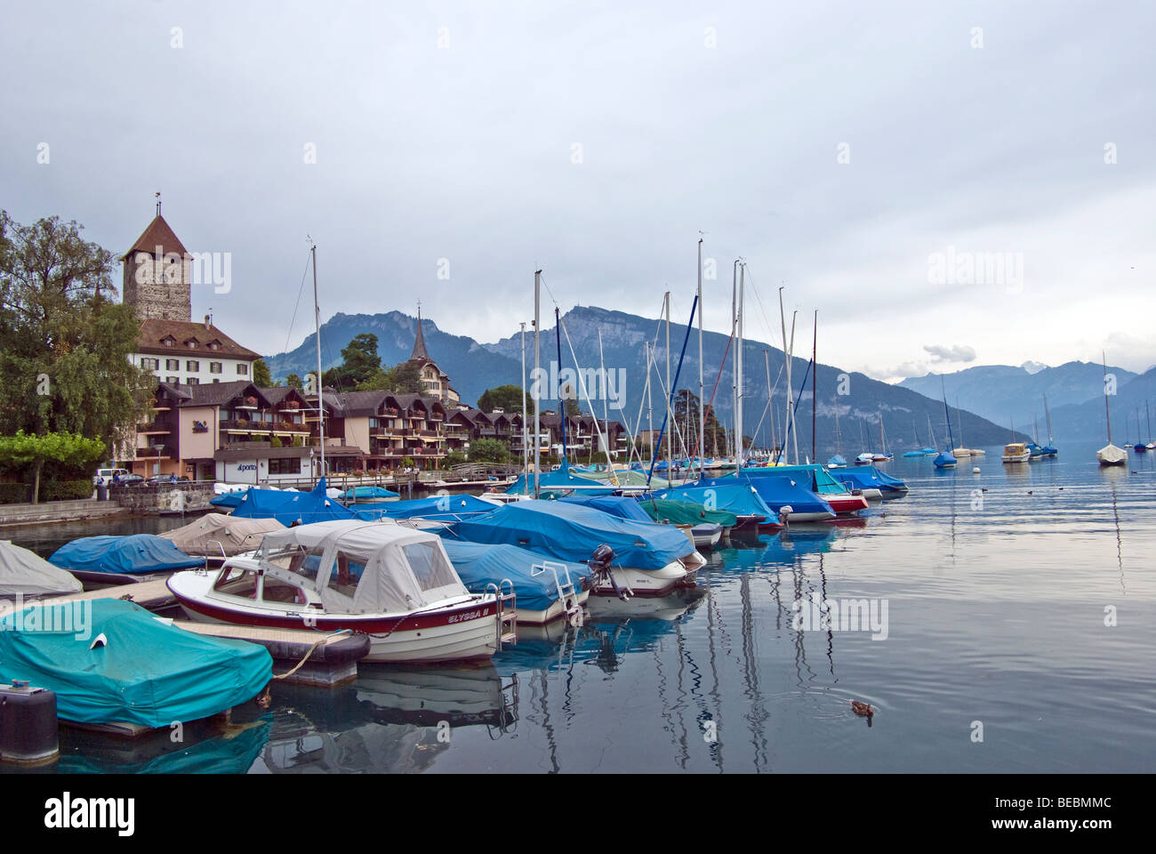 Lake Thun in the Swiss town of Thun. Alps mountains. Thunersee Stock ...