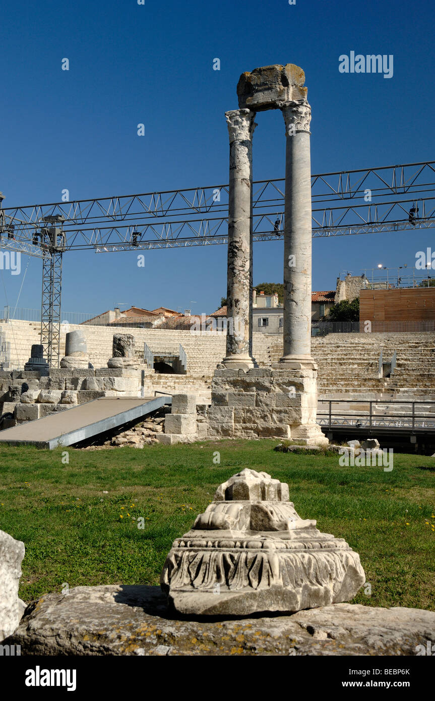 Antique Roman Theatre or Theater Arles with Stone Columns & Carving and ...