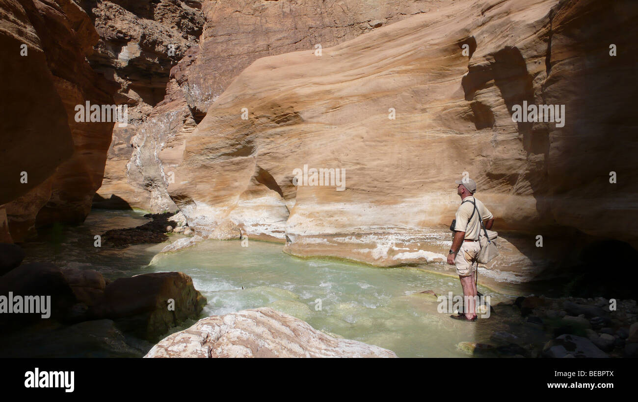A Jordanian tour guide stands in a stream of spring water on a scenic ...