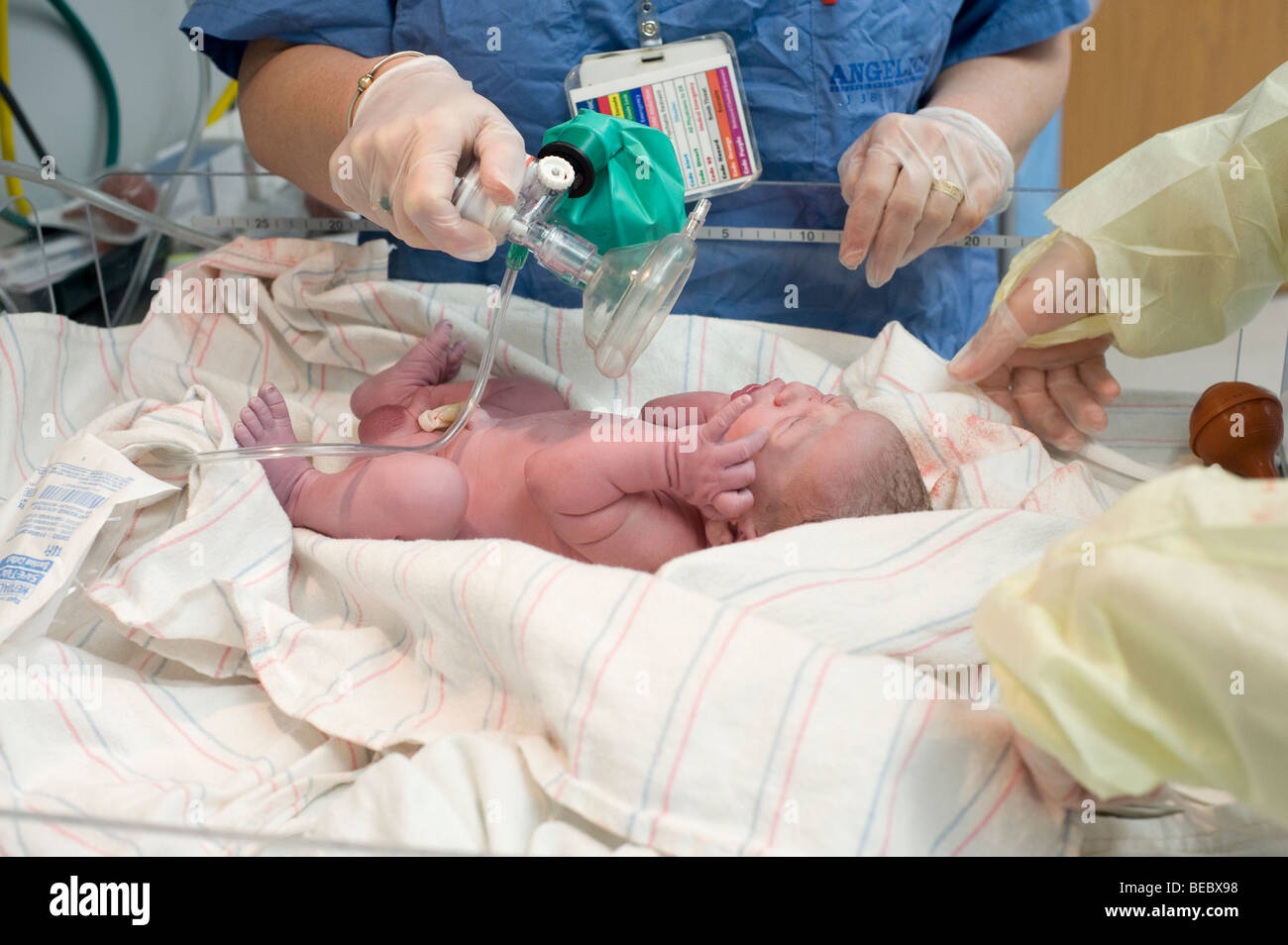 Screaming newborn Hispanic baby boy receives oxygen immediately after ...