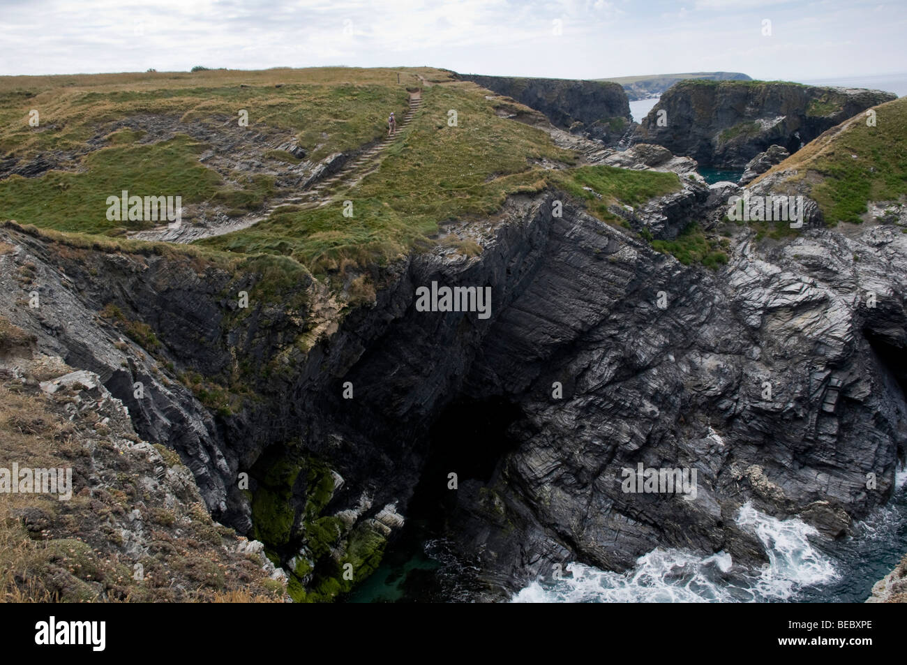 Female walker climbs steps cut into the Cornish coastal path near ...