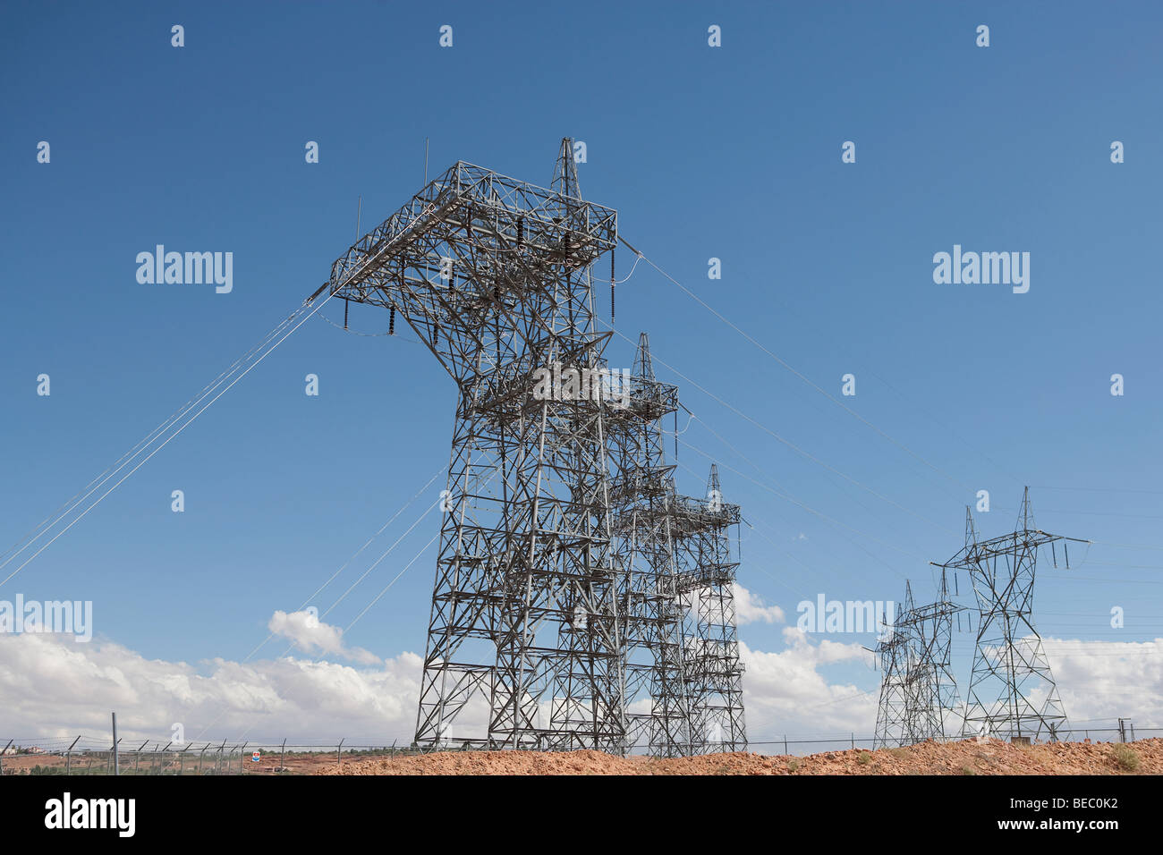 Electricity pylons in a field, Glen Canyon Dam, Lake Powell, Colorado ...