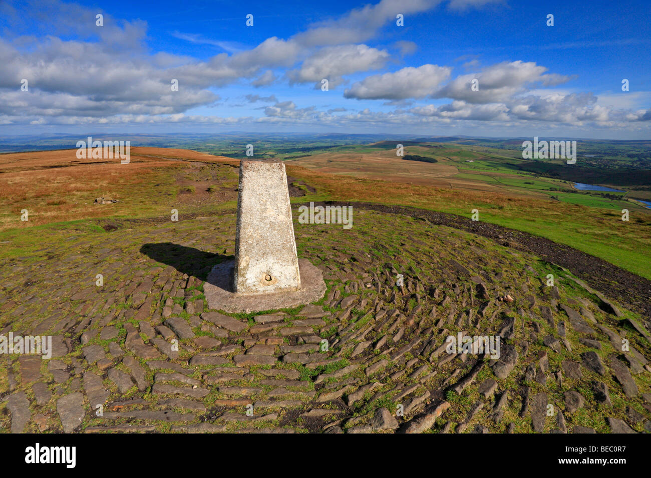 Trig point on the summit of Pendle Hill on the Pendle Way, Pendle Stock ...