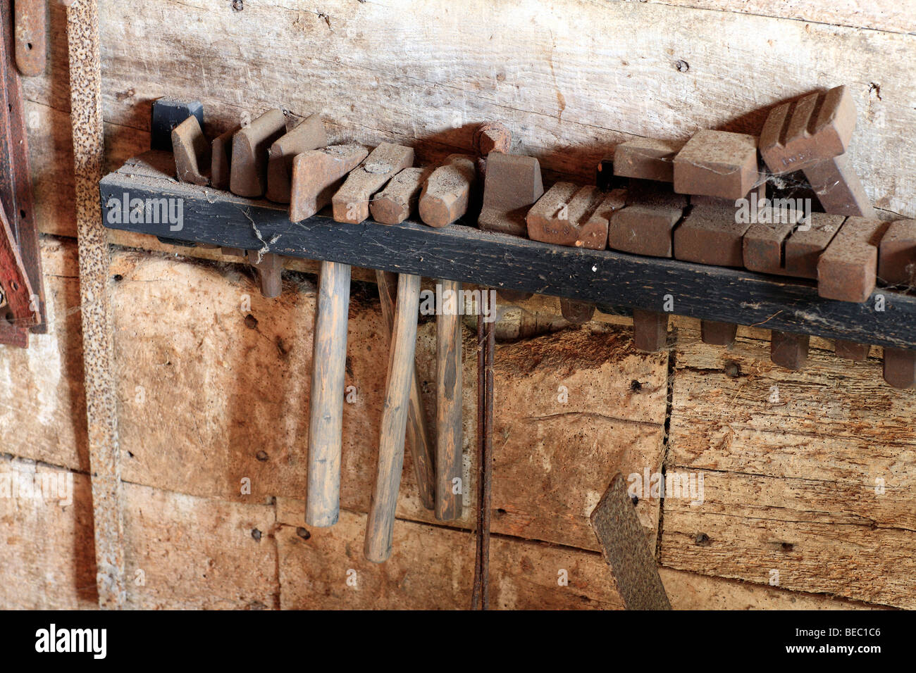 Blacksmiths tools in the forge at Cressing Temple Barns Stock Photo - Alamy