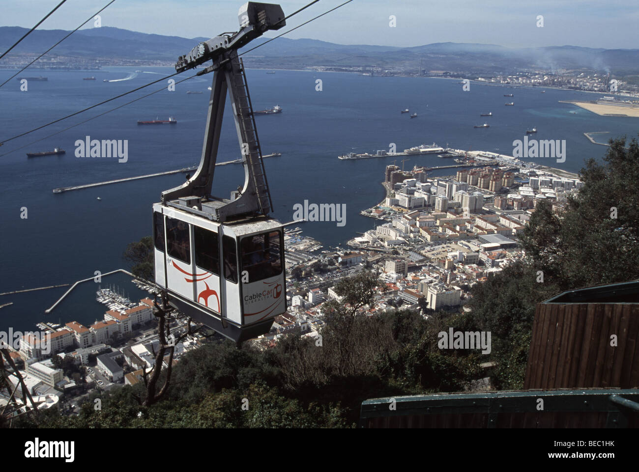 Cable car arriving at the highest point of the rock of Gibraltar Stock ...
