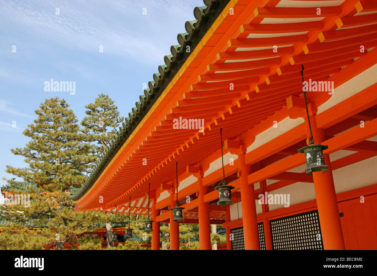 Closeup of a vermilion Shinto structure at Heian Jingu (Heian-Jingu ...