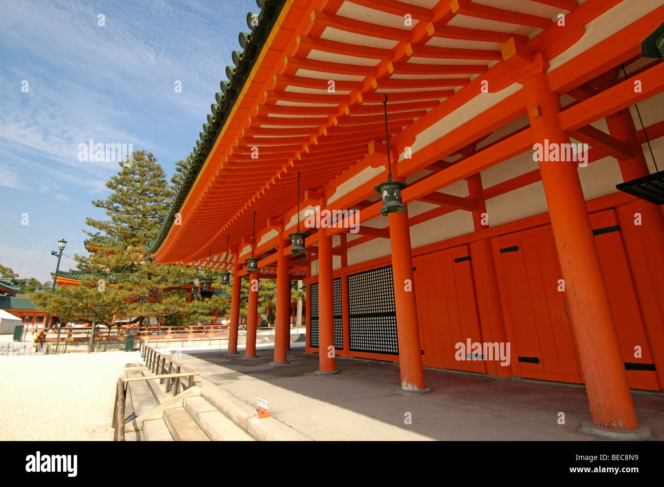 Closeup of a vermilion Shinto structure at Heian Jingu (Heian-Jingu ...