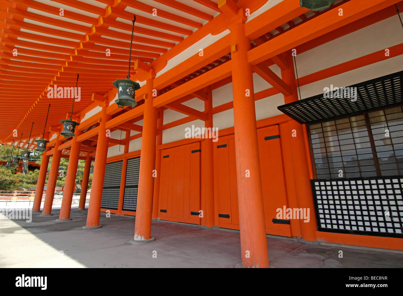 Closeup of a vermilion Shinto structure at Heian Jingu (Heian-Jingu ...