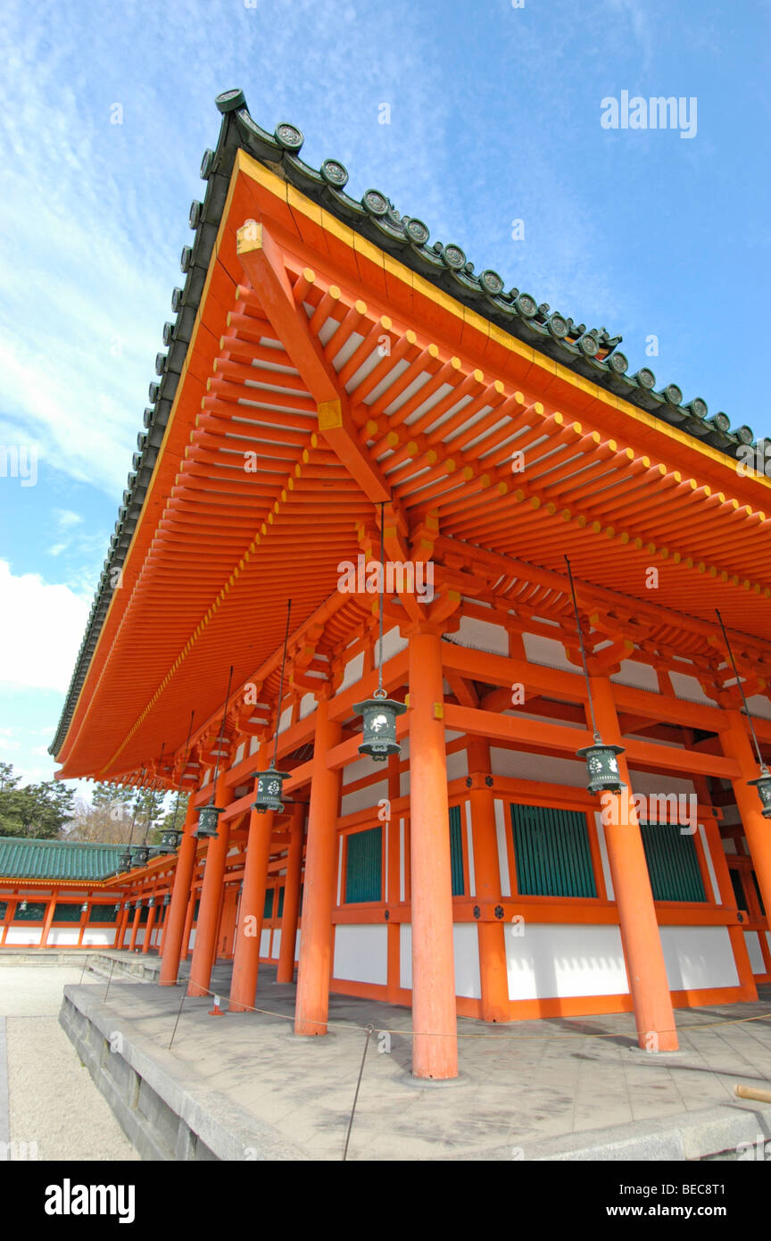 Closeup of a vermilion roof at a Shinto structure at Heian Jingu (Heian ...