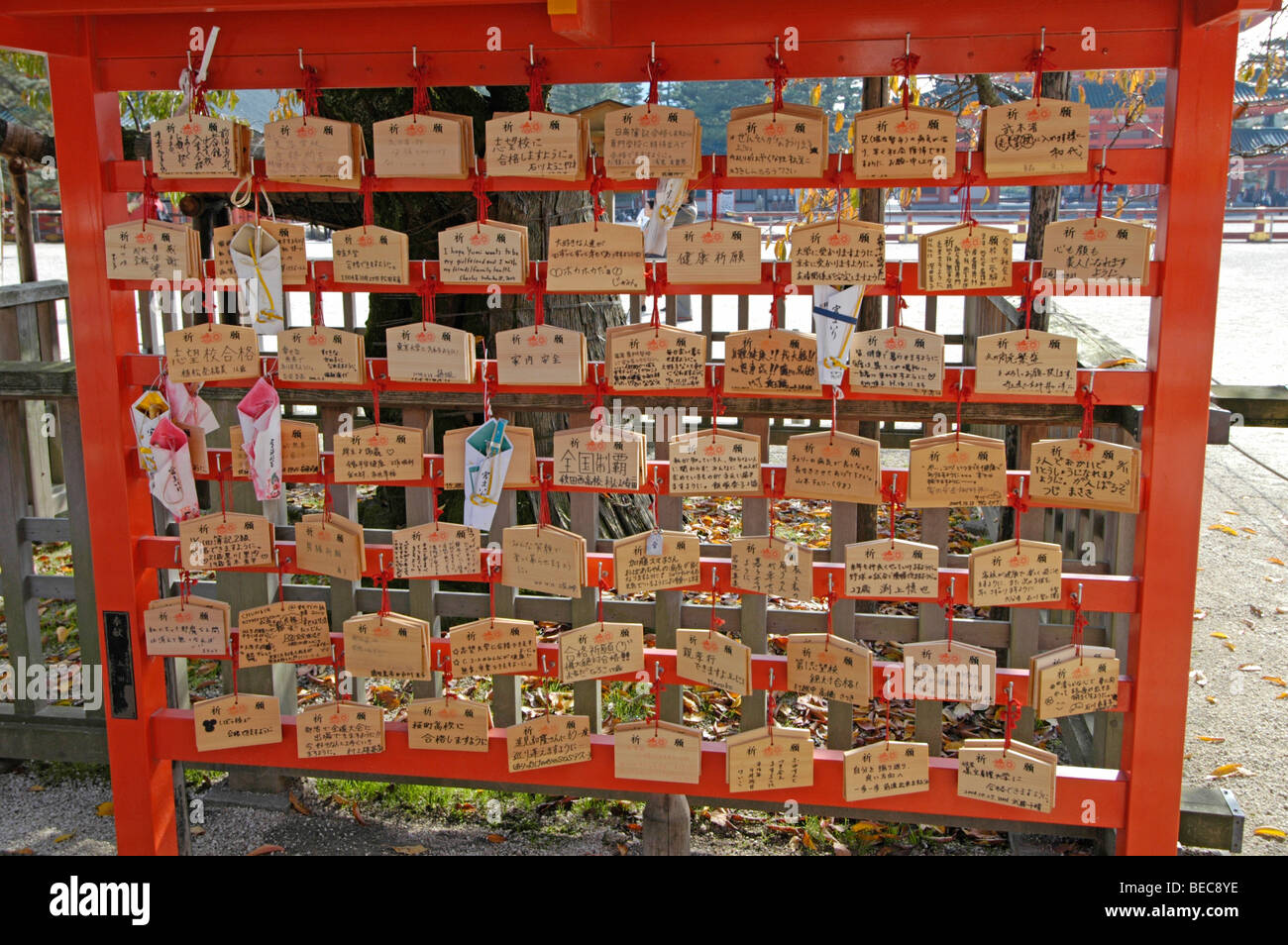 Ema (wooden Shinto plaques) containing prayers and wishes on a ...