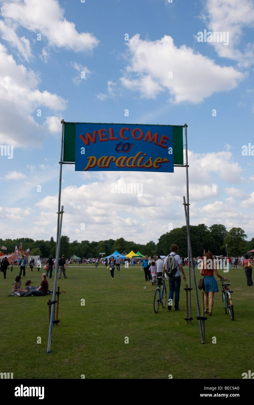 Paradise Gardens Festival entrance at Victoria Park in Hackney, East ...