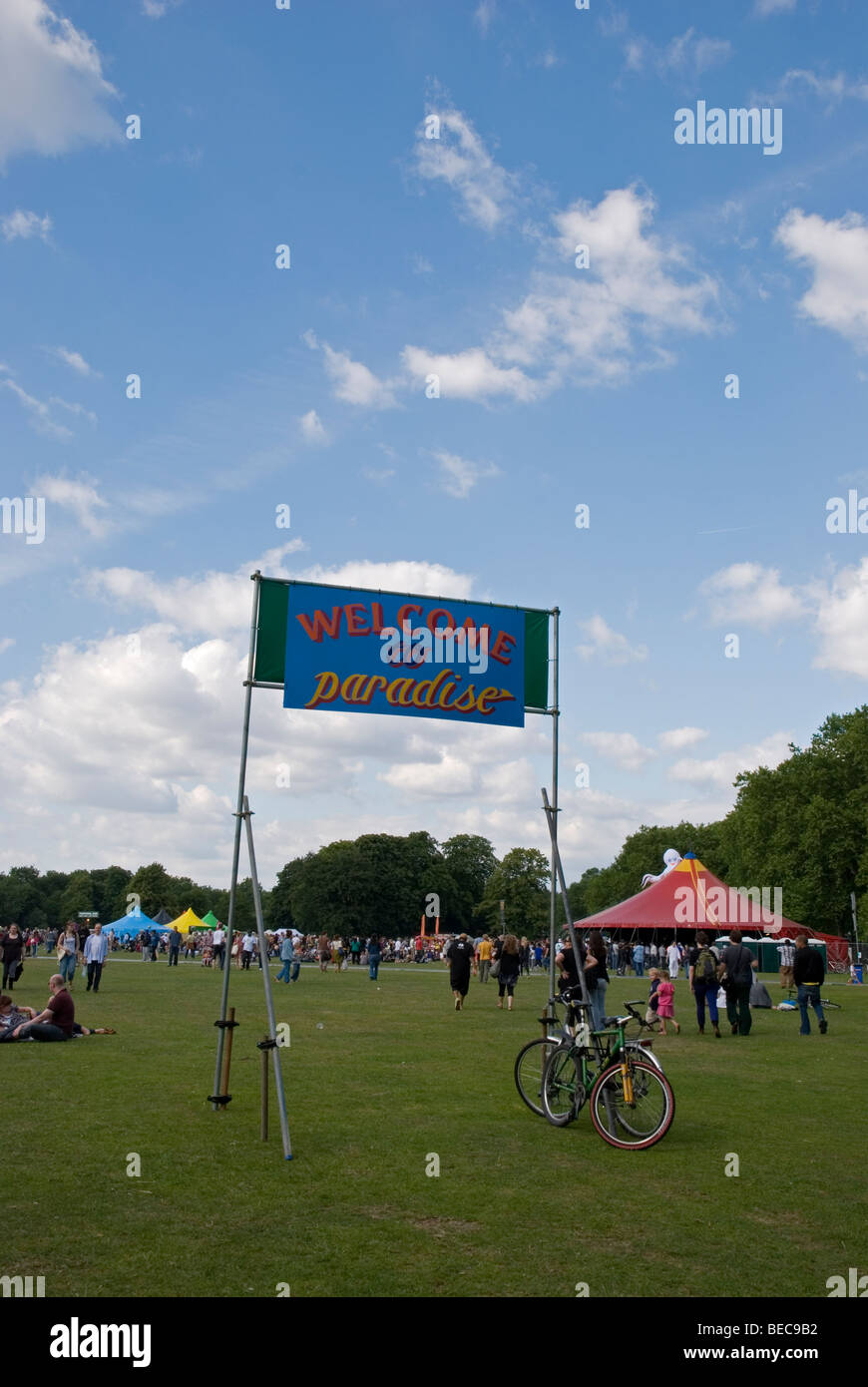Entrance of Paradise Gardens Festival at Victoria Park in Hackney, East ...