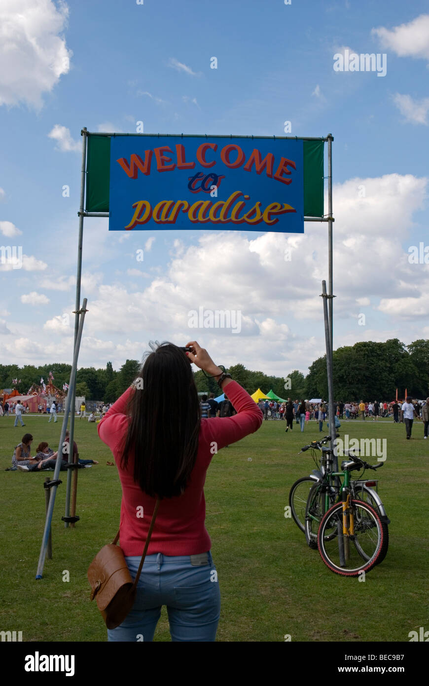 Entrance of Paradise Gardens Festival at Victoria Park in Hackney, East ...