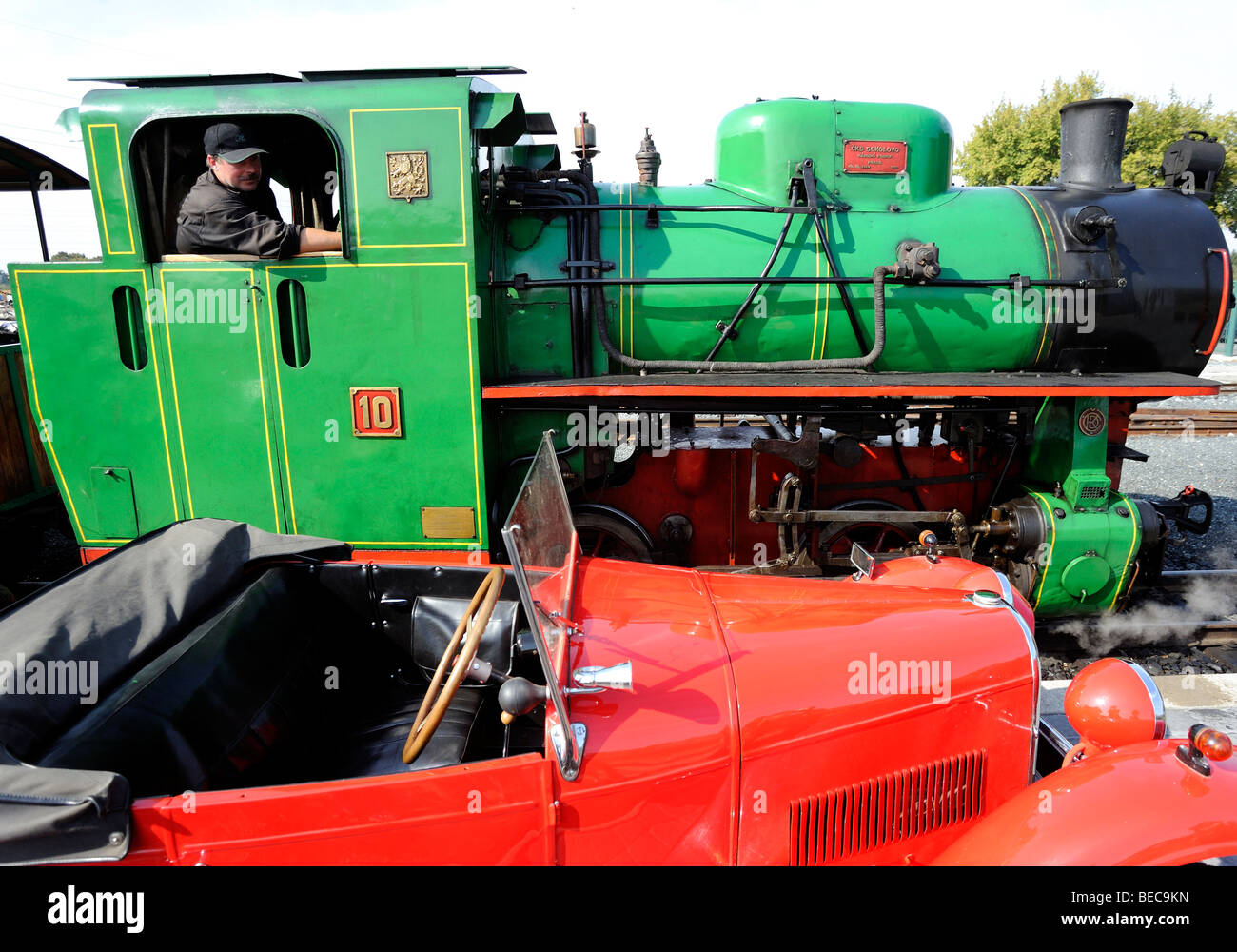 Steam Locomotive coal tank engine railway station with Aero veteran car ...