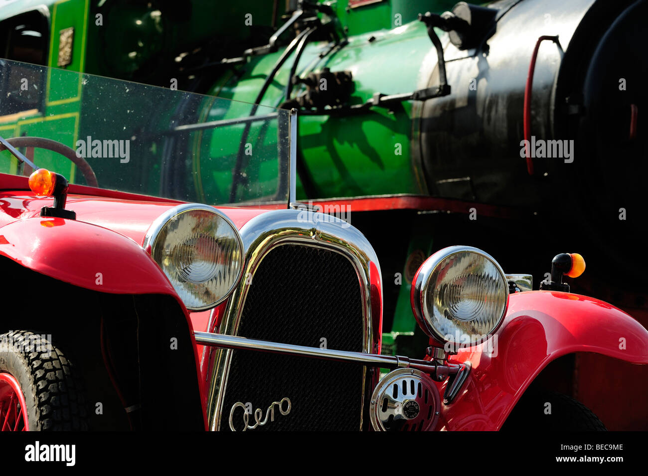 Steam Locomotive coal tank engine railway station with Aero veteran car ...