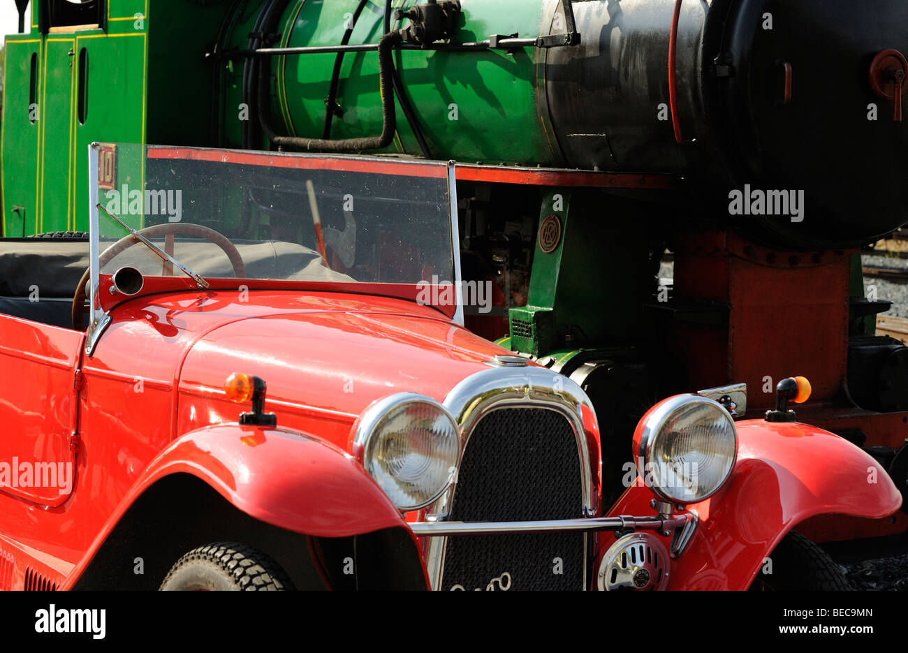 Steam Locomotive coal tank engine railway station with Aero veteran car ...