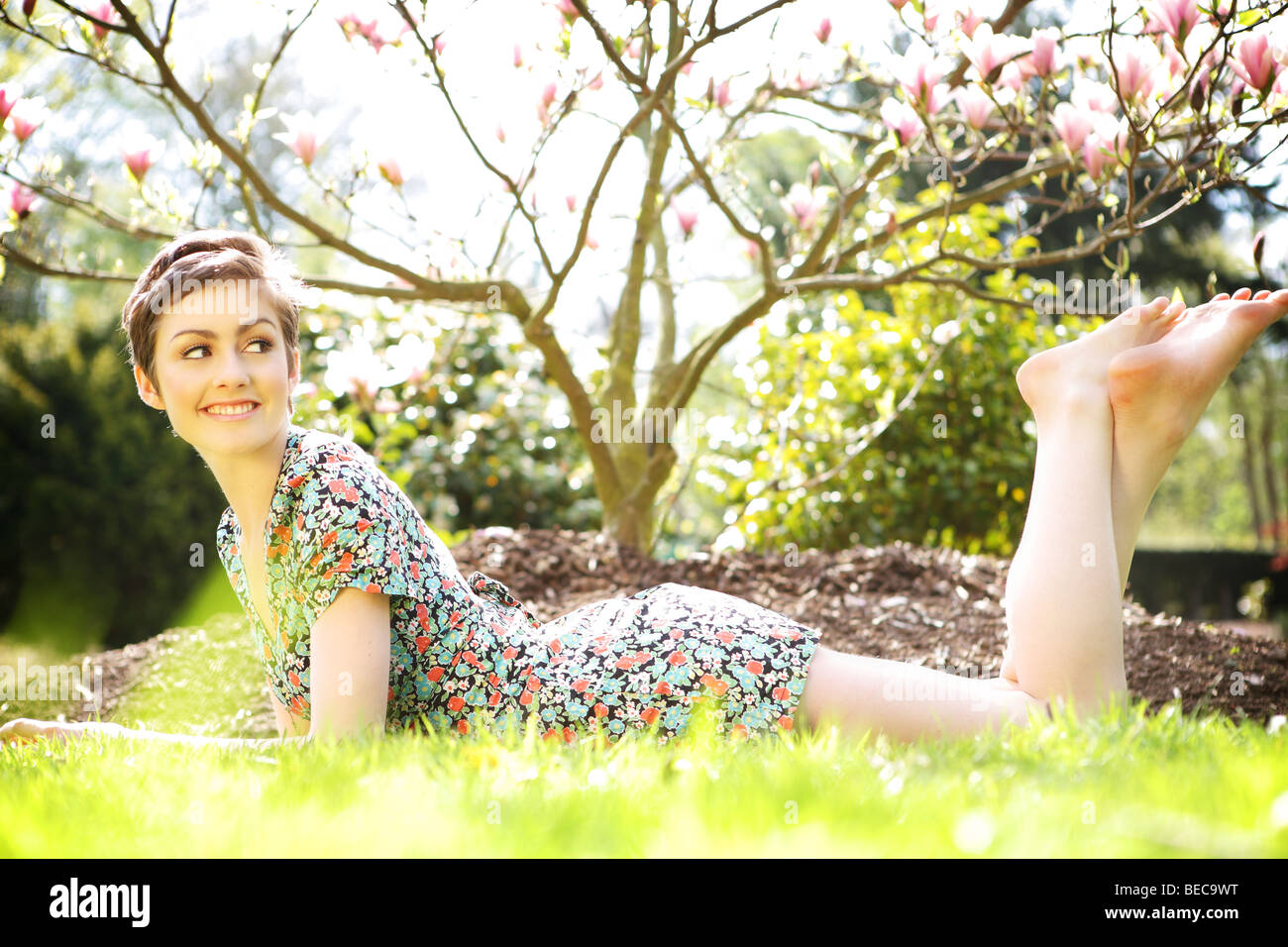 beauty portrait shot on location in a garden Stock Photo - Alamy
