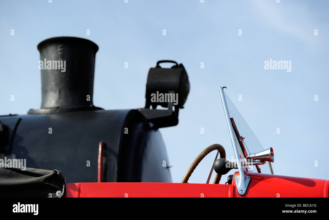 Steam Locomotive coal tank engine railway station with Aero veteran car ...
