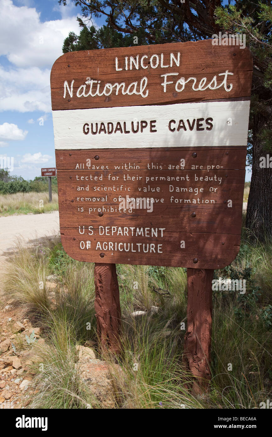 Lincoln National Forest sign for Guadalupe Caves with warning against ...
