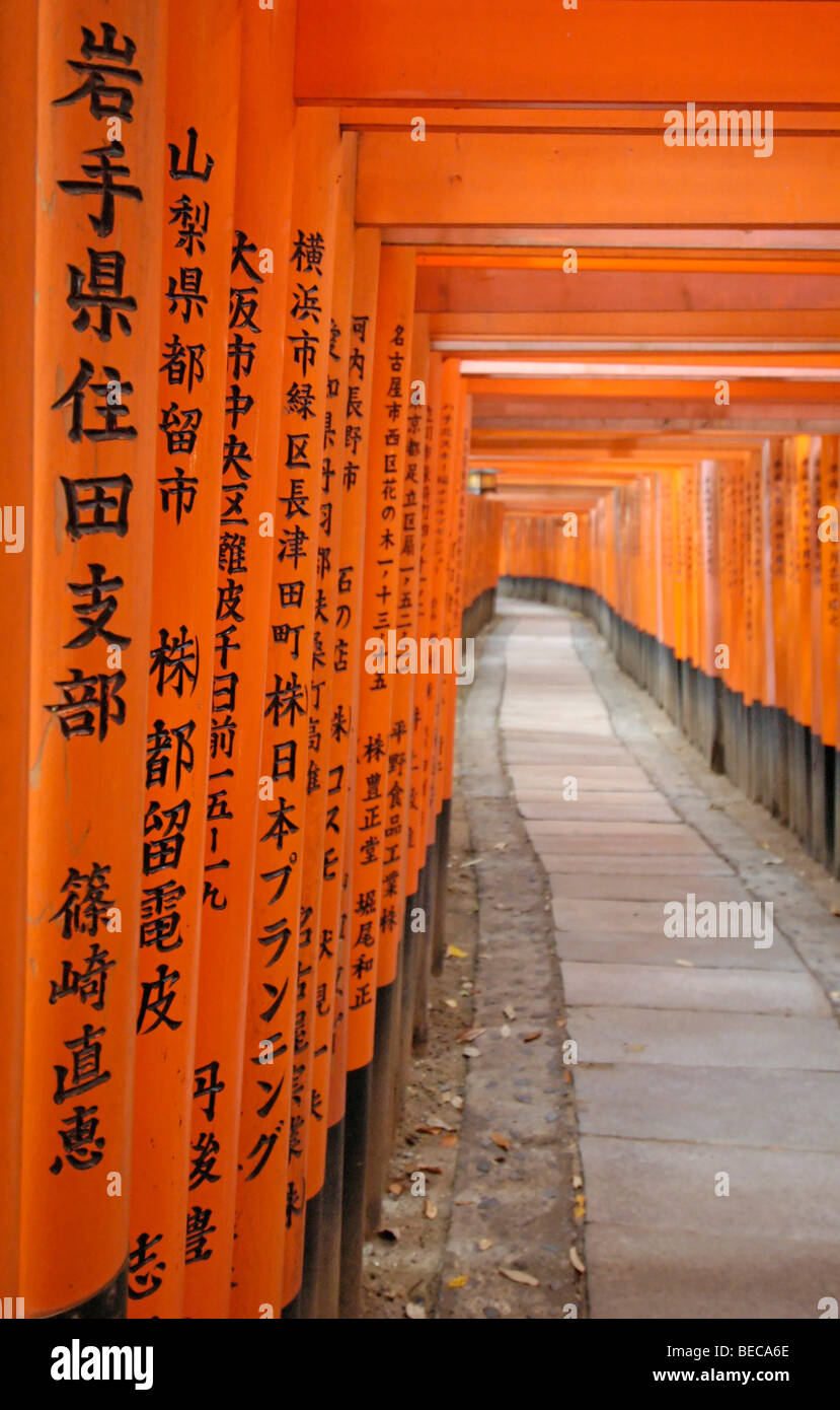 Vermilion torii (gate) with kanji inscriptions at Fushimi Inari Taisha ...