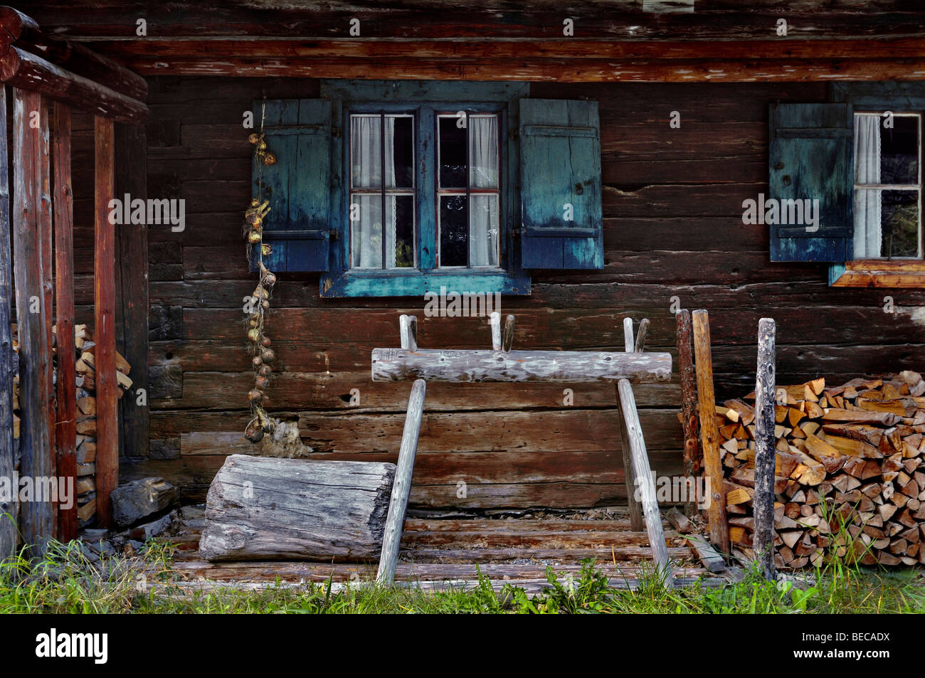 Window, pile of wood, wood horse, Glentleiten farming museum, Bavaria ...