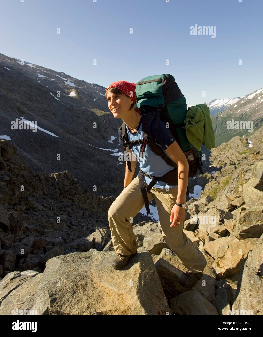 Young woman hiking up, backpacking, hiker, legendary "Golden Stairs" of ...