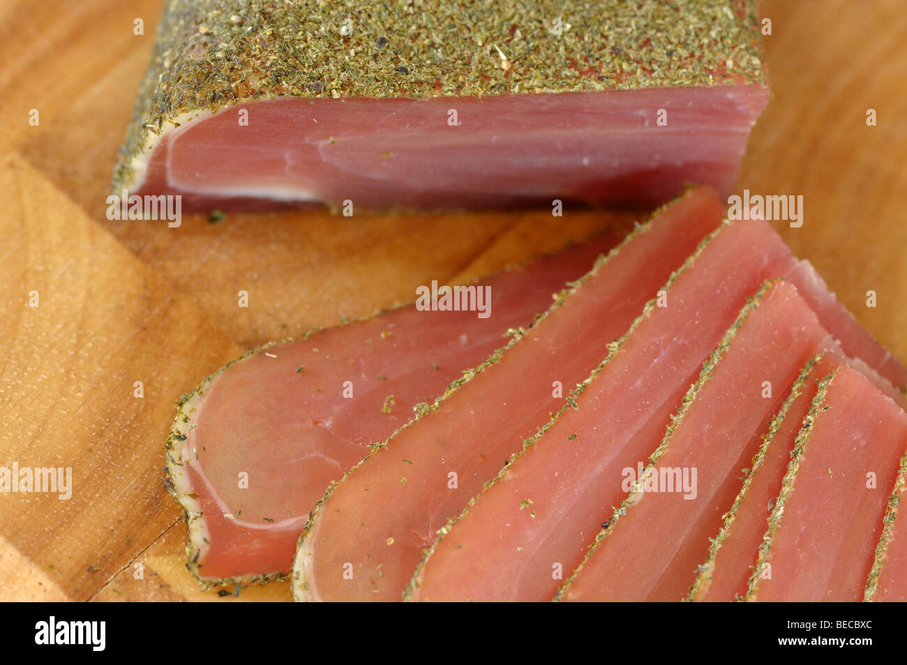 Traditional bulgarian dried beef sirloin in slices covered with cpicies ...