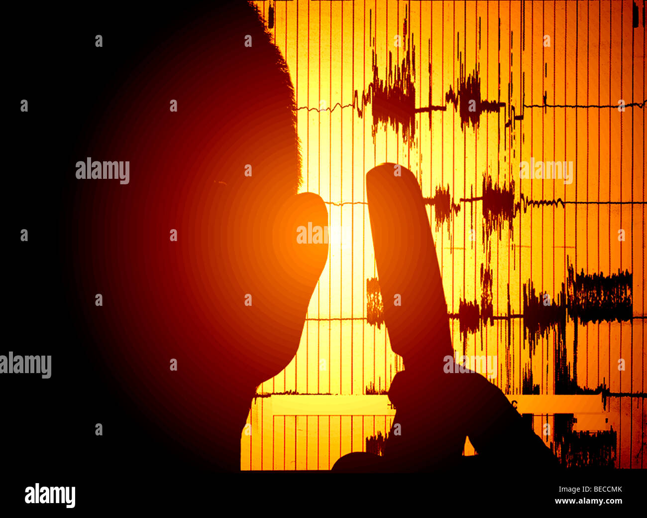 audio engineer with cell phone studying projected sound waves Stock ...