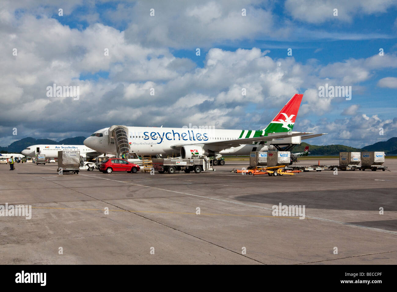 Air Seychelles airplane at the airport of the island of Mahe ...