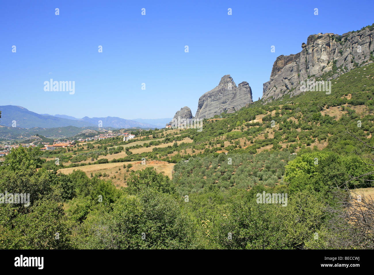 Kalambaka at the foot of the Meteora Rocks, Thessaly, Greece Stock ...