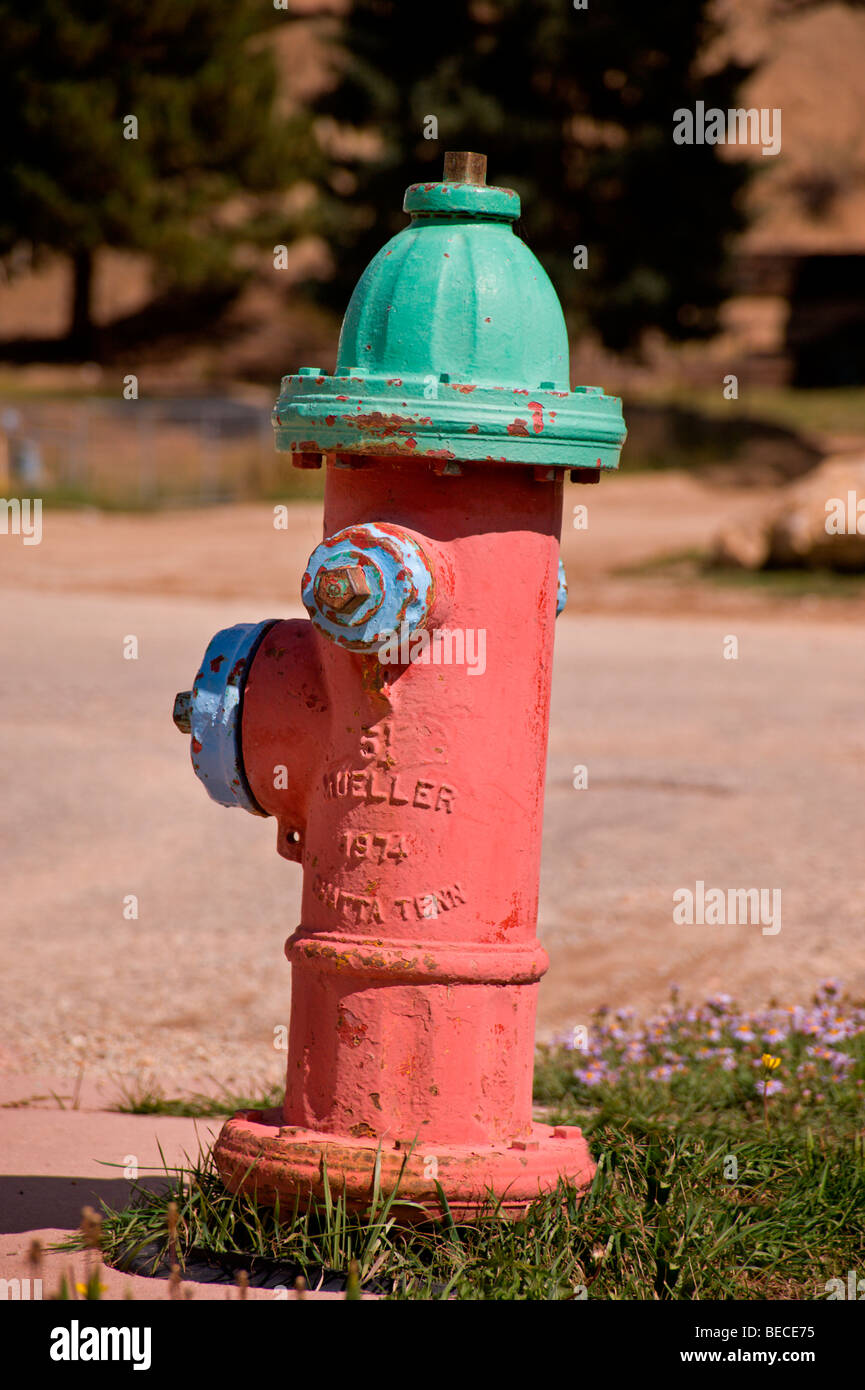 A Mueller fire hydrant, painted in festive colors, stands at the ready ...