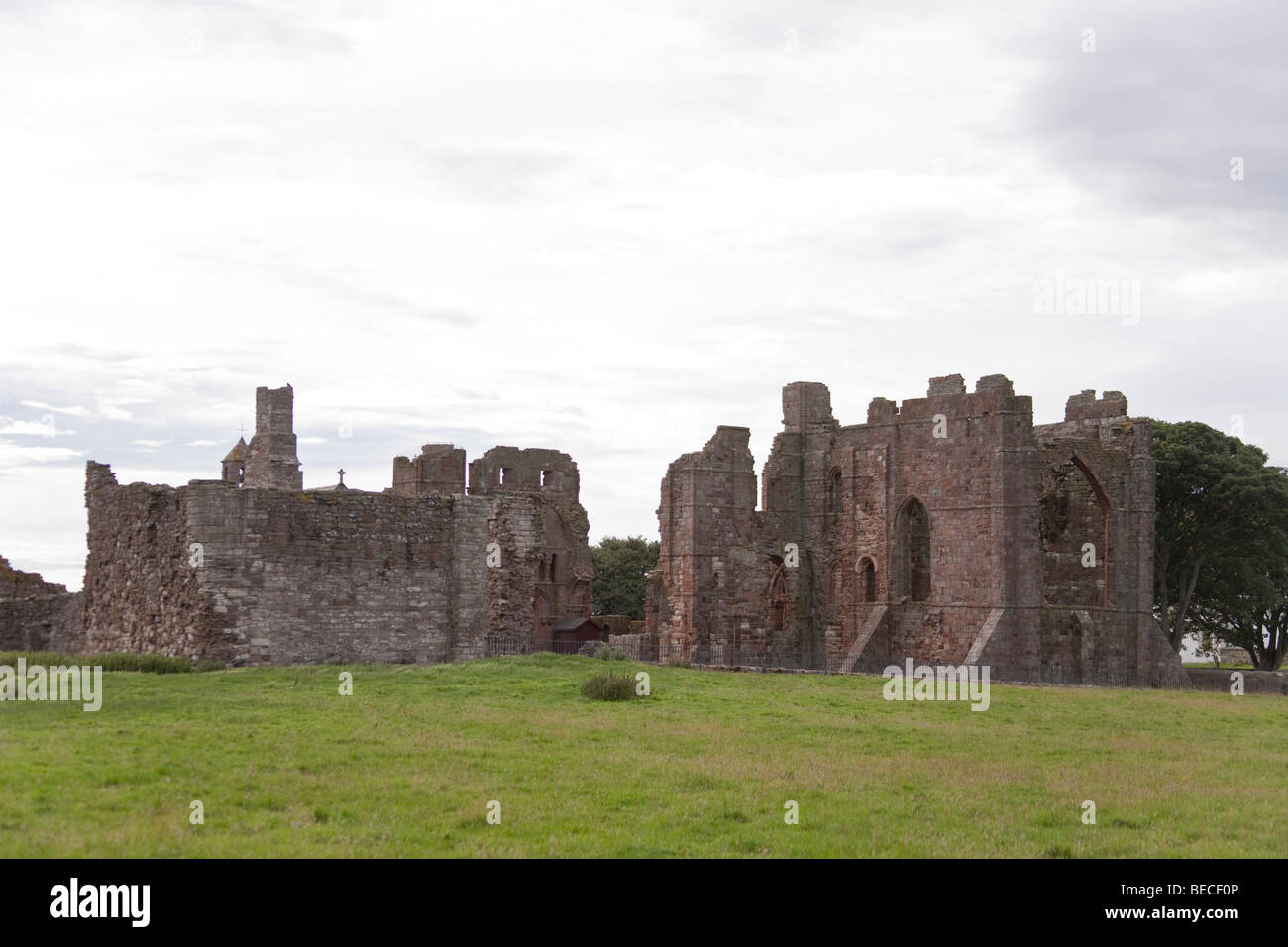 Priory church ruins in Lindisfarne Holy Island UK Northumberland. blue ...