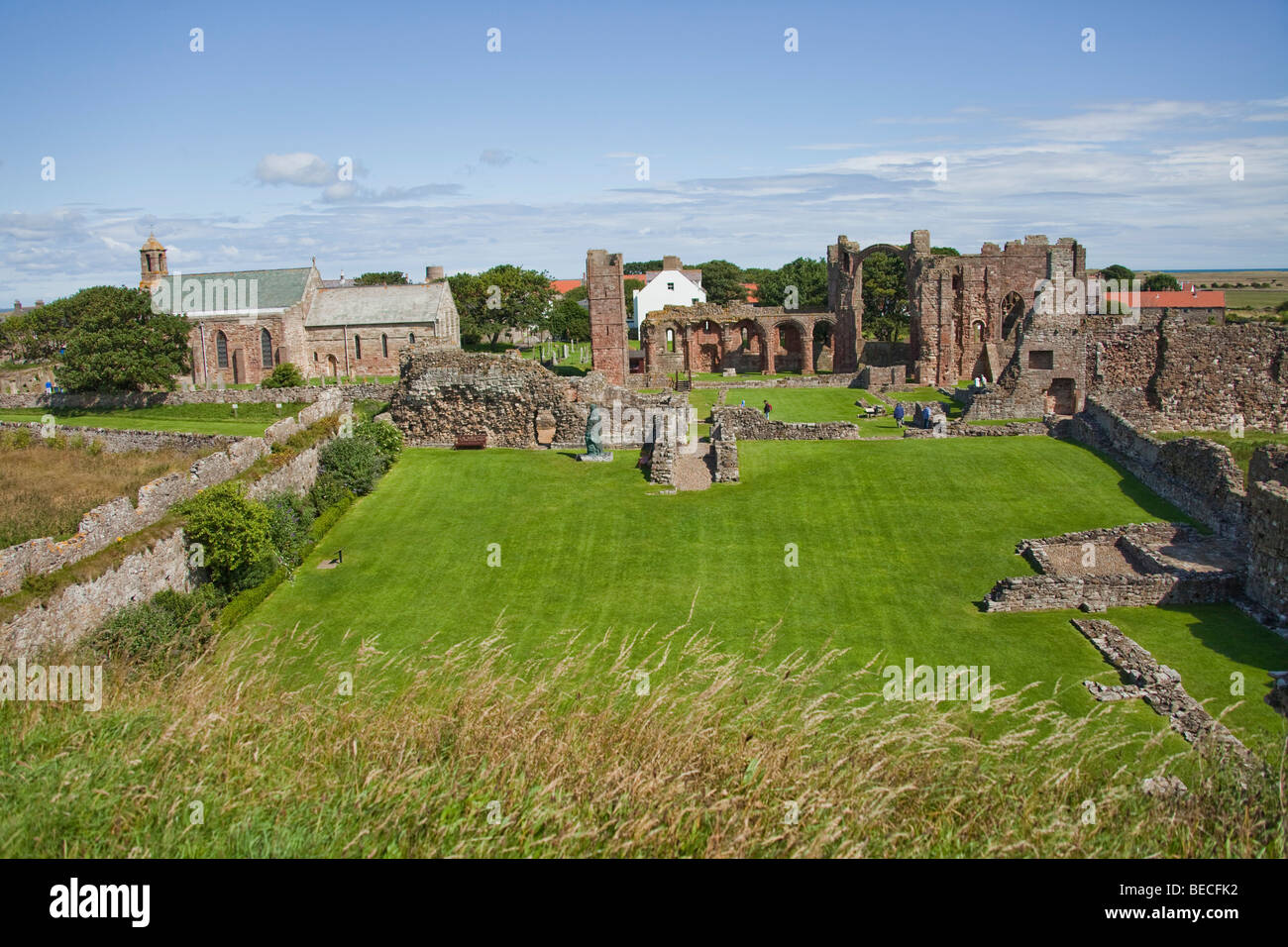 Priory monastery, Lindisfarne Holy Island UK Northumberland. blue sky ...