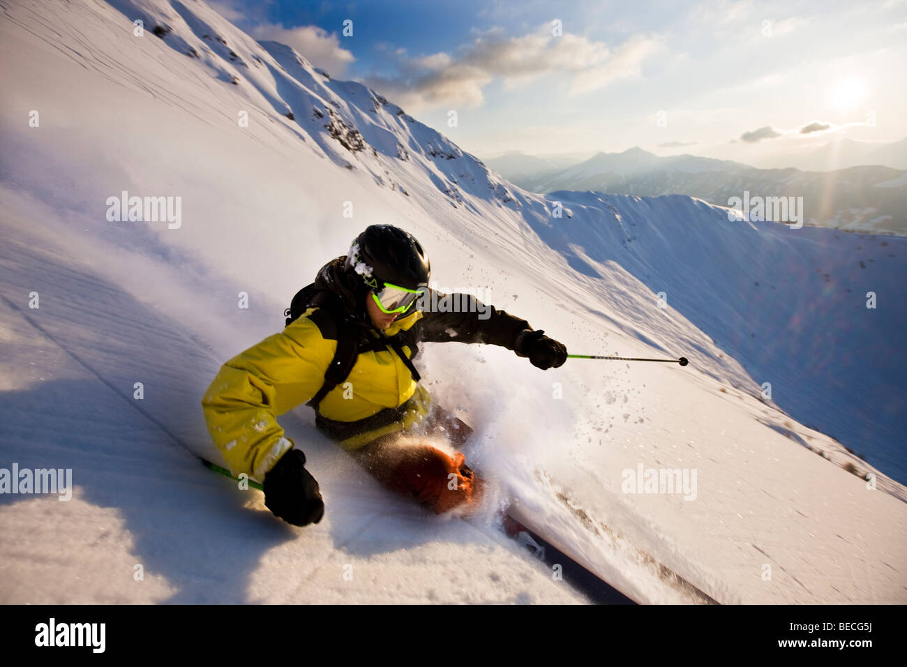 Freestyle skier in terrain covered in deep snow, Northern Tyrol ...