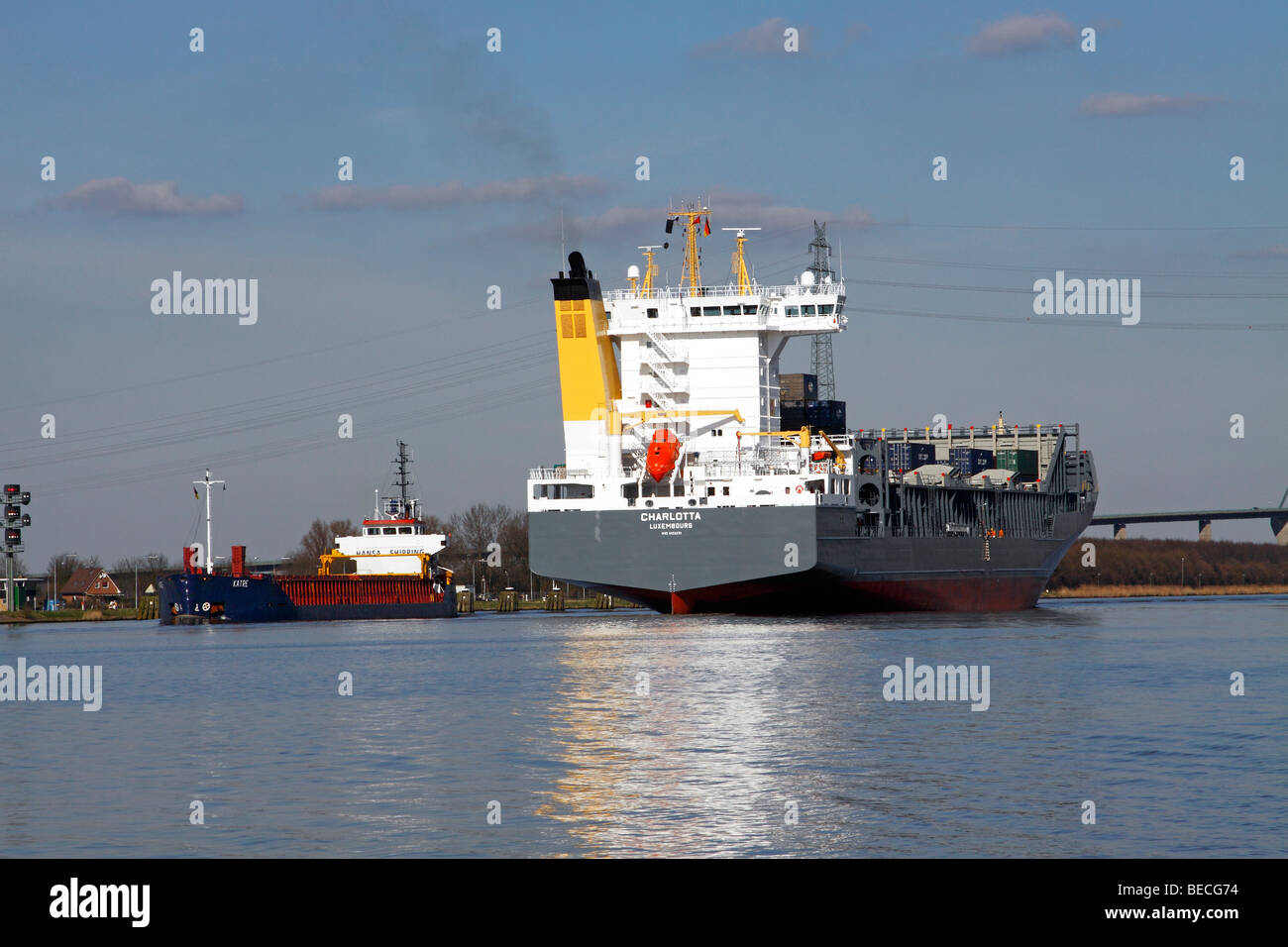 Two ships at the Kiel-Canal in Brunsbuettel, district Dithmarschen ...