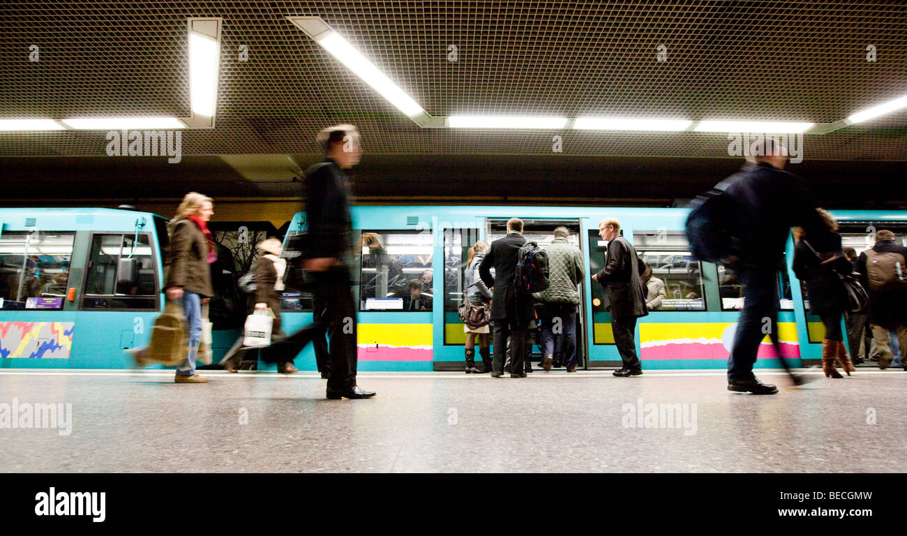 Commuters boarding the subway, Frankfurt, Hesse, Germany, Europe Stock ...