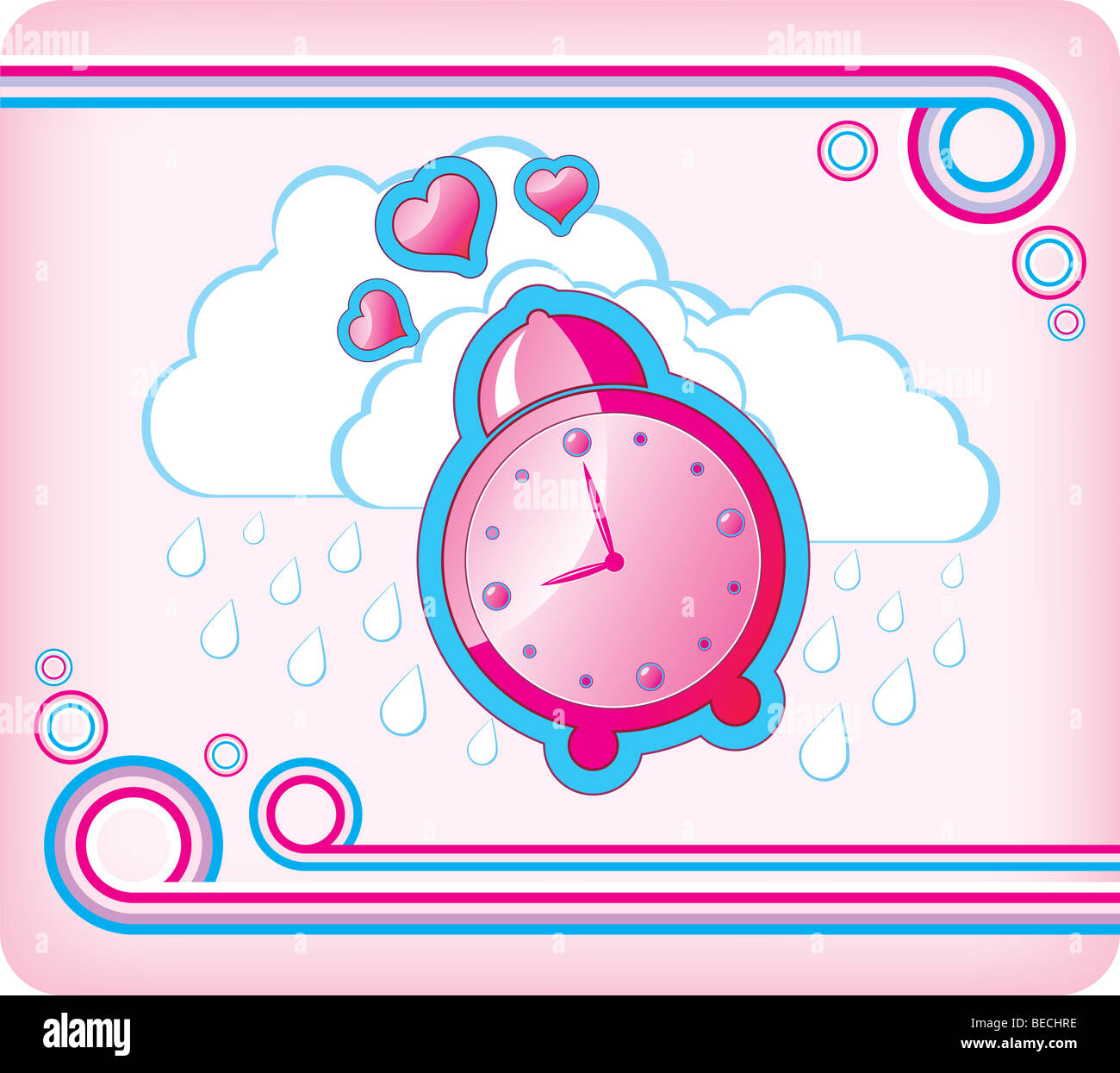 Vector illustration with pink alarm clock Stock Photo - Alamy