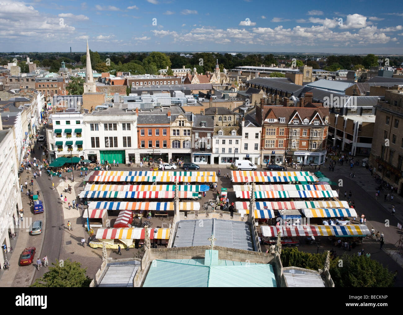 Cambridge Market Square viewed from the top of St Marys Church in ...