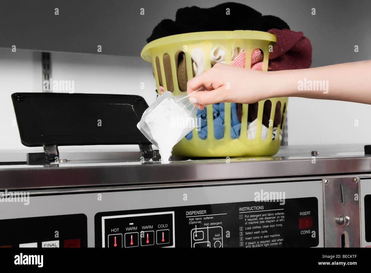 Woman putting detergent into a washing machine Stock Photo - Alamy
